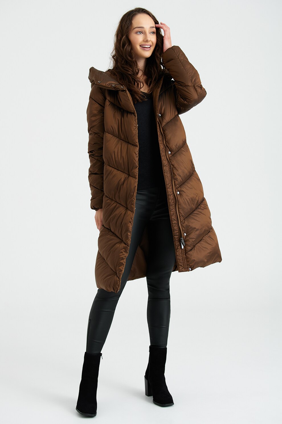 GreenPoint, Geaca lunga cu vatelina si gluga, Maro, 40 - eMAG.ro