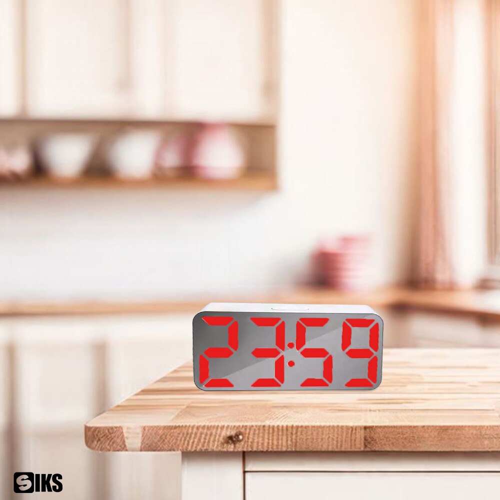 Ceas Digital Alb de Masa SIKS cu Efect de Oglinda, Alarma si Termometru ...