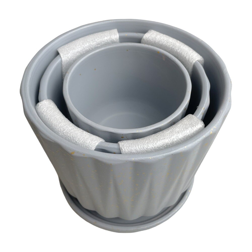 Set 3 ghivece ceramica rotunde cu puncte aurii gri, Createur, 15 x 15 x ...