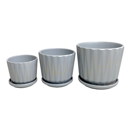 Set 3 ghivece ceramica rotunde cu puncte aurii gri, Createur, 15 x 15 x ...