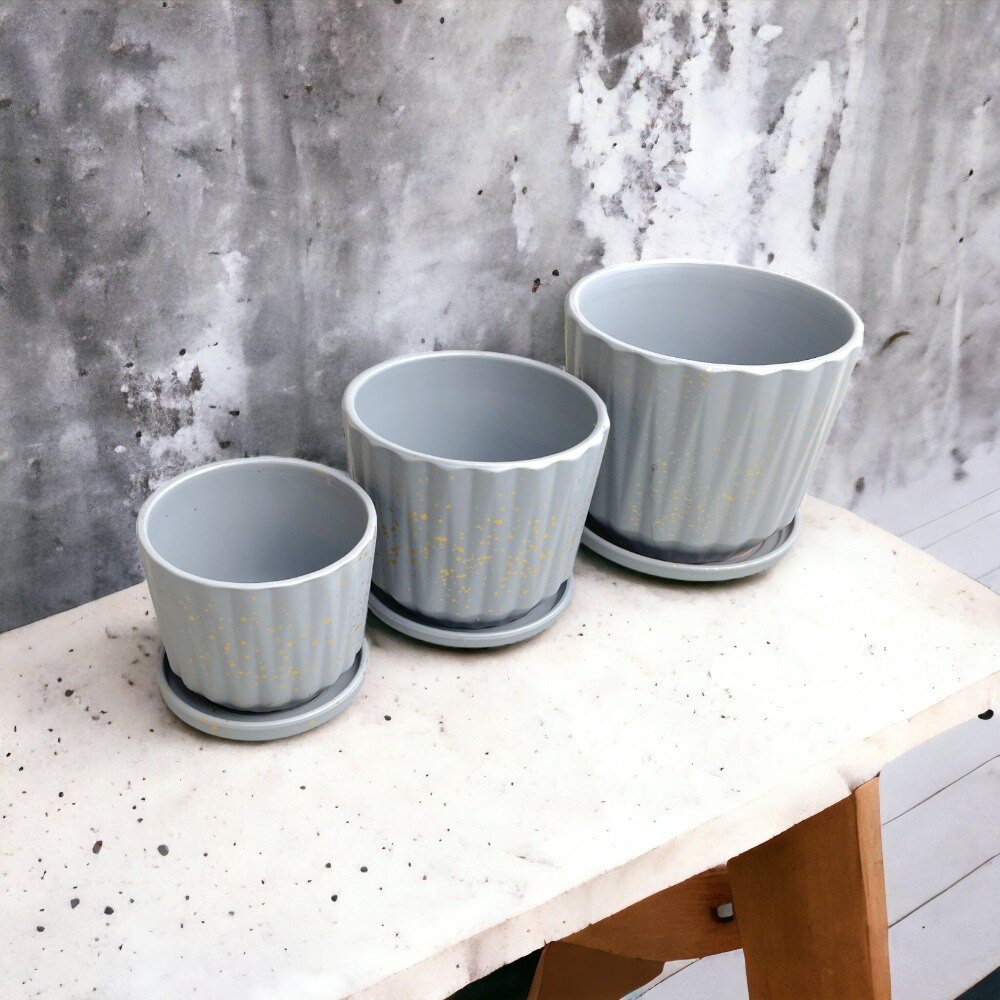 Set 3 ghivece ceramica rotunde cu puncte aurii gri, Createur, 15 x 15 x ...