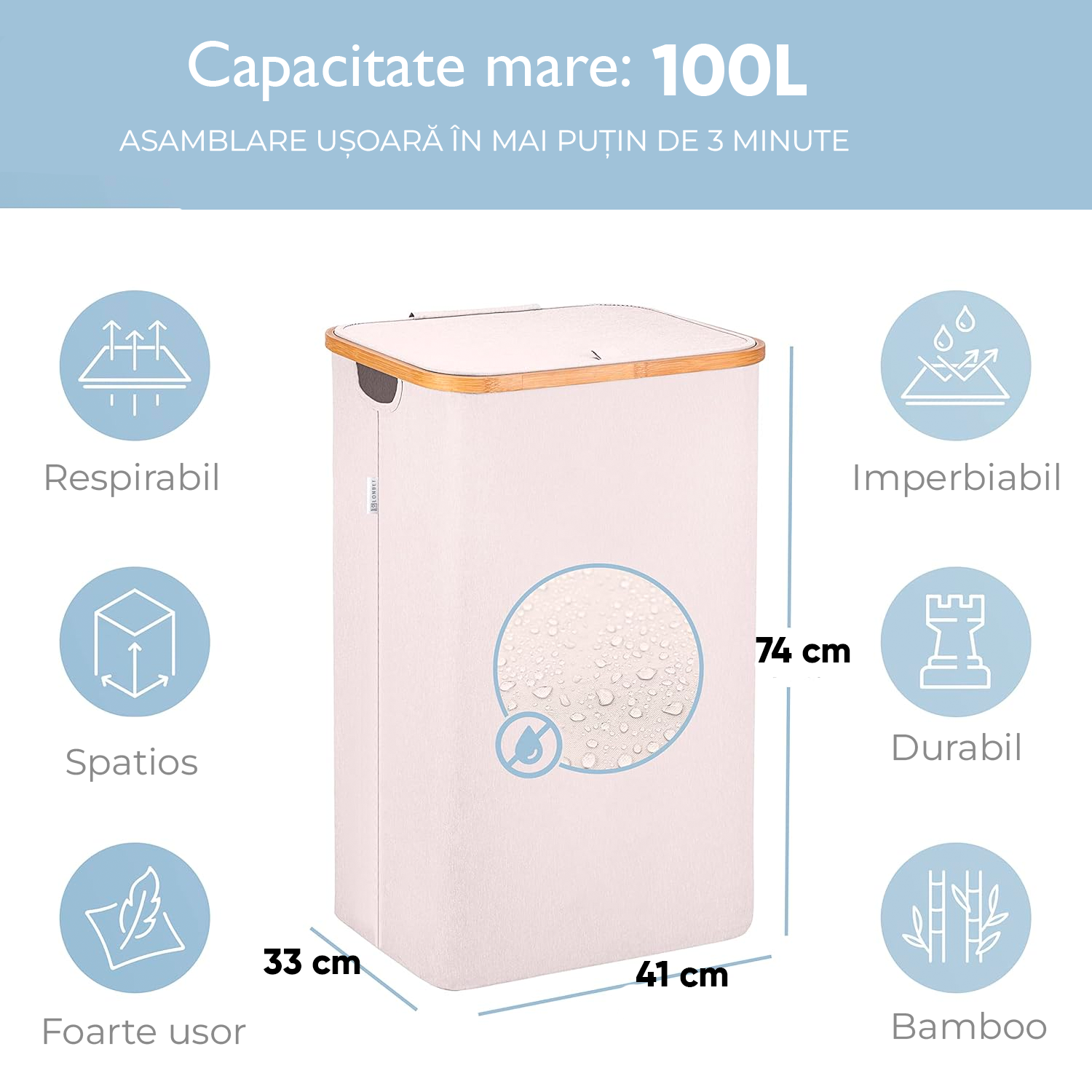 Cos de rufe bambus, pliabil, cu capac si sac de rufe detasabil, 100 L ...