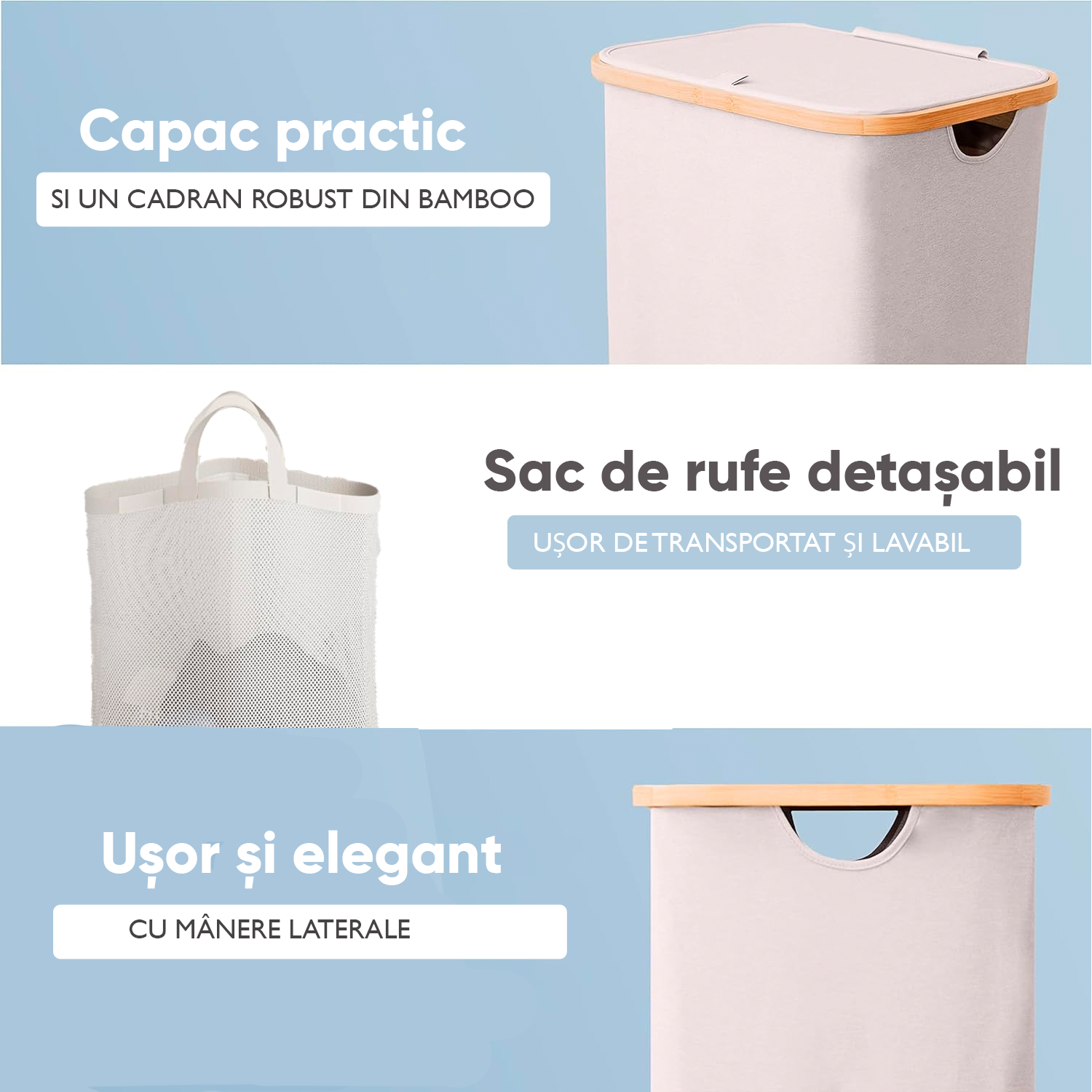 Cos de rufe bambus, pliabil, cu capac si sac de rufe detasabil, 100 L ...