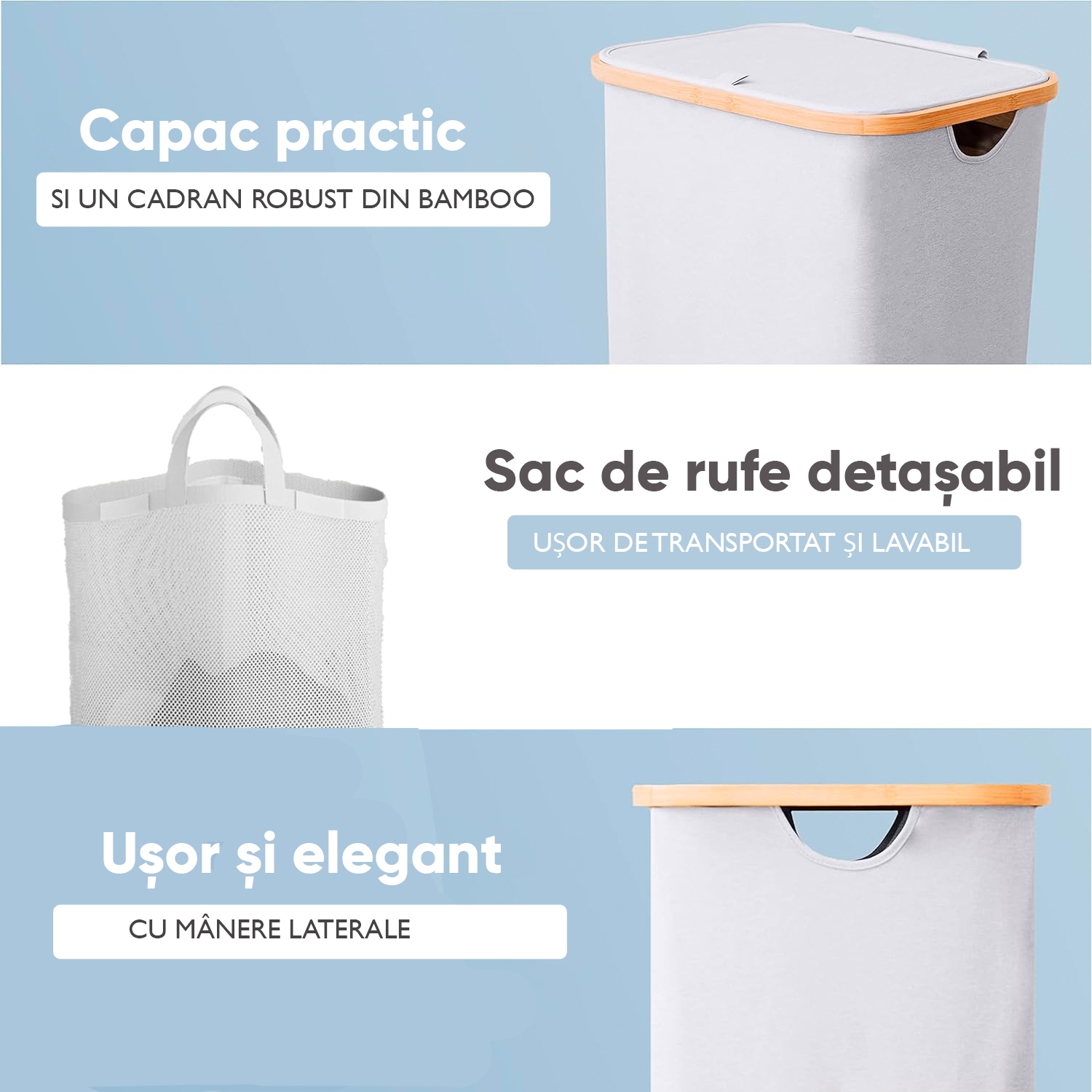 Cos de rufe bambus, pliabil, cu capac si sac de rufe detasabil, 100 L ...