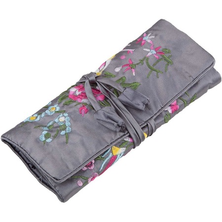 Geanta de calatorie dama, LLWL, Matase, Model floral si pasari, Gri ...