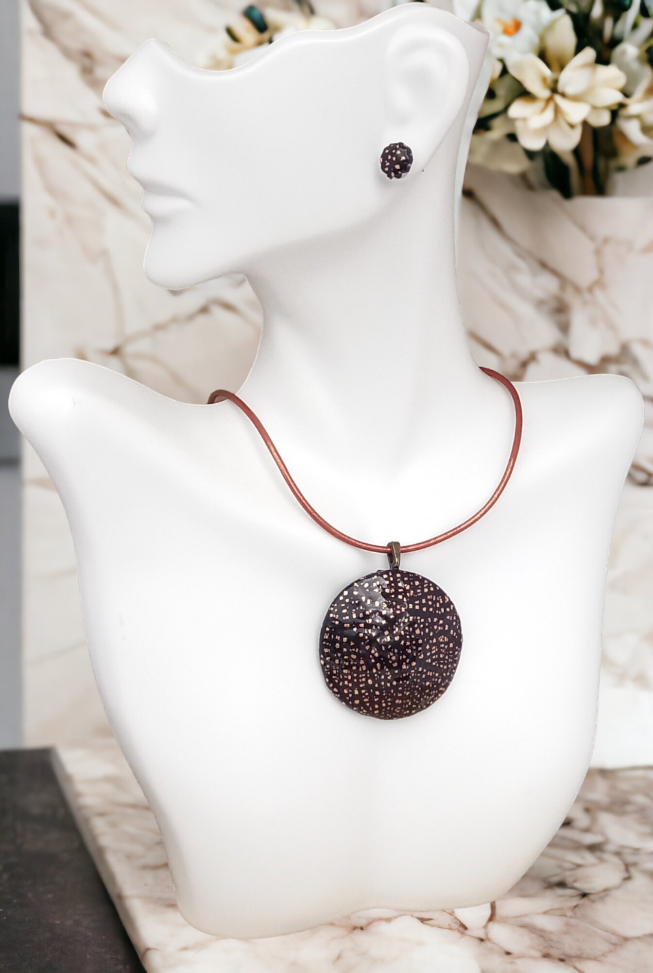 Set colier si cercei, handmade, model negru/cupru, din lut polimeric ...