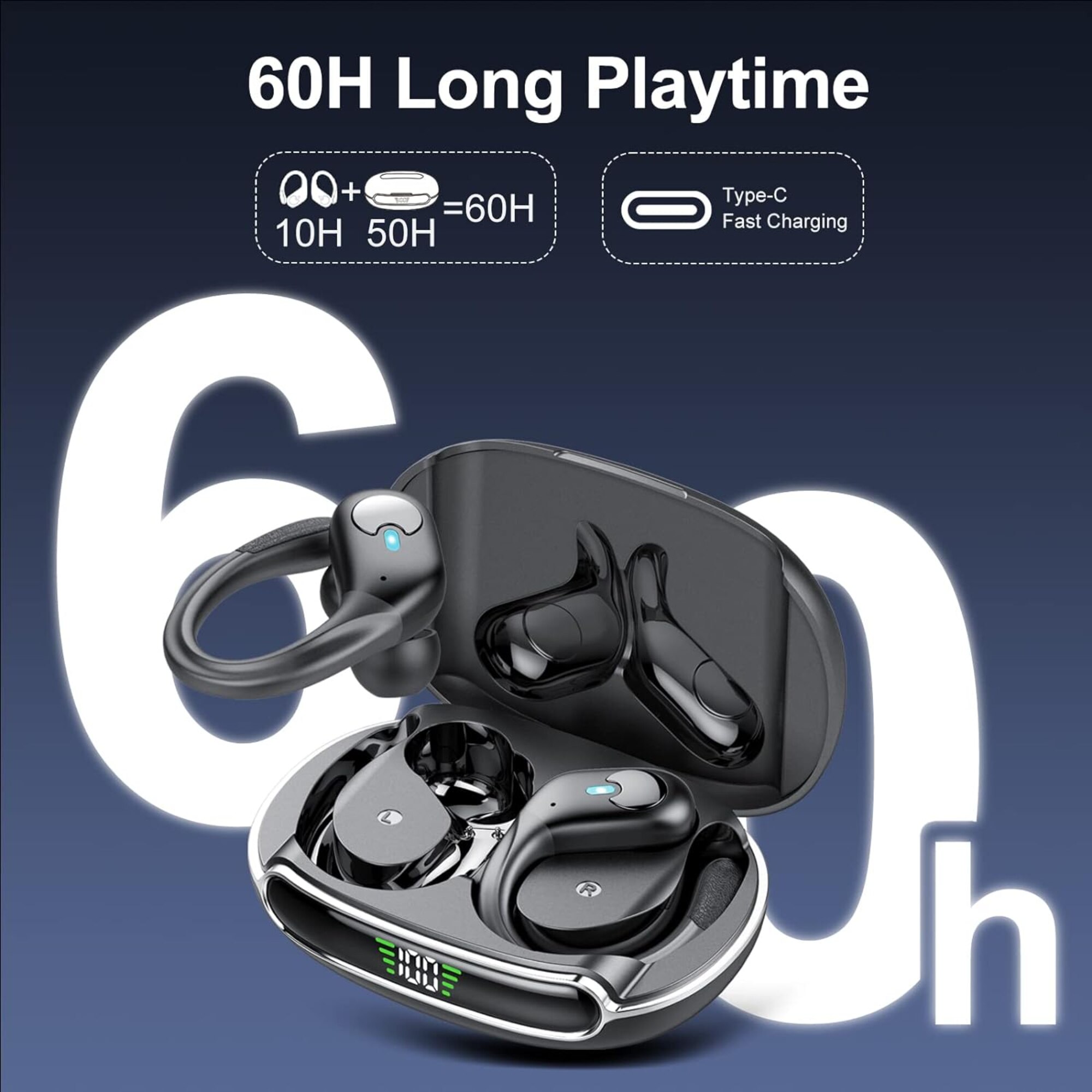 Casti Wireless Sport MGA, Bluetooth 5.3, IPX7, ENC, Afisaj LED Baterie ...