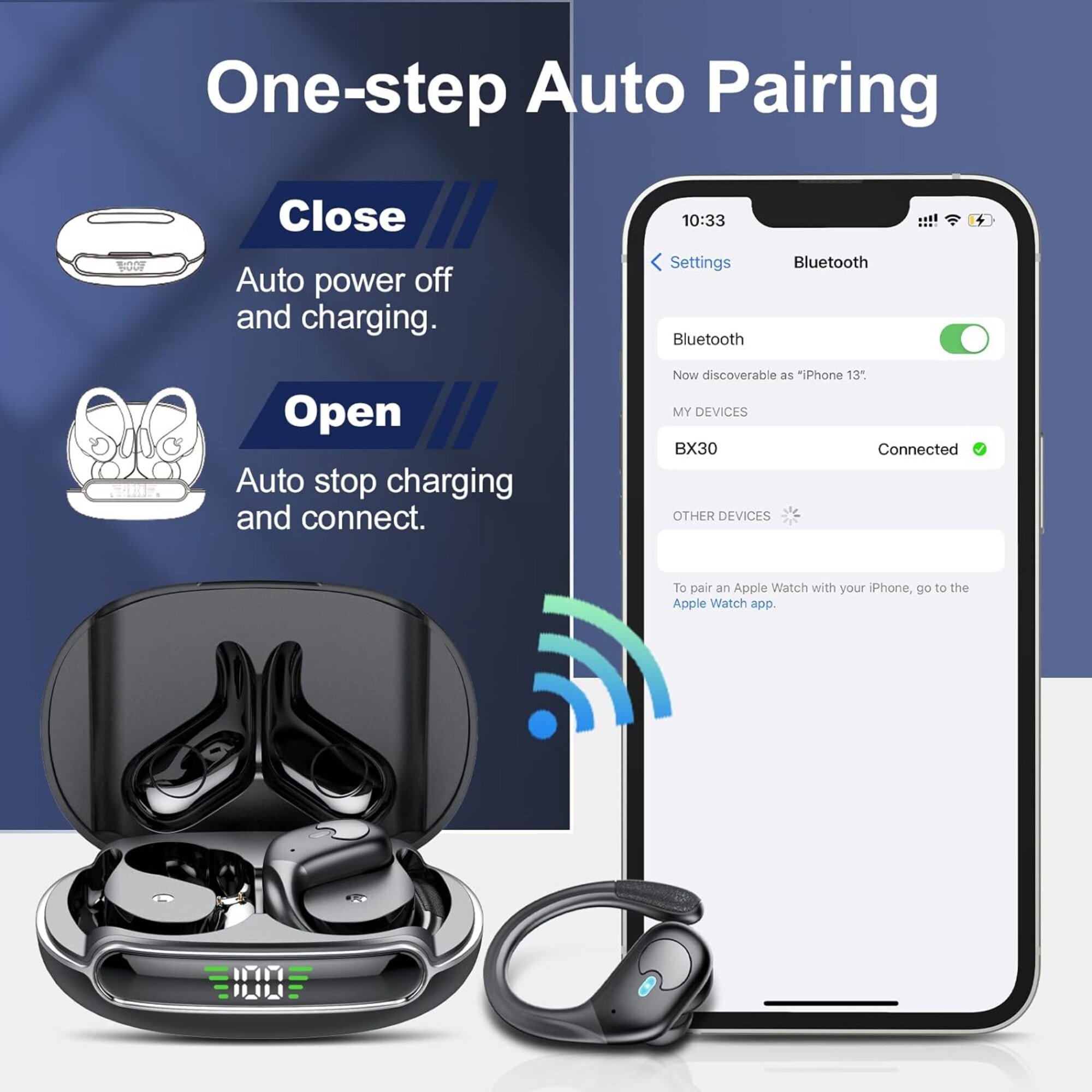 Casti Wireless Sport MGA, Bluetooth 5.3, IPX7, ENC, Afisaj LED Baterie ...