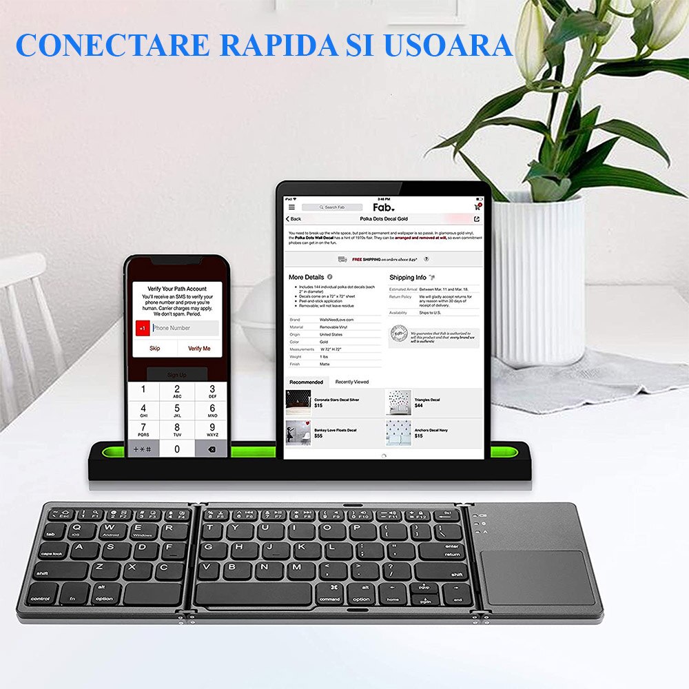 Mini Tastatura cu Touchpad Wireless, PRINTERY, Conectare prin Bluetooth, Functionare 40 Fara ...