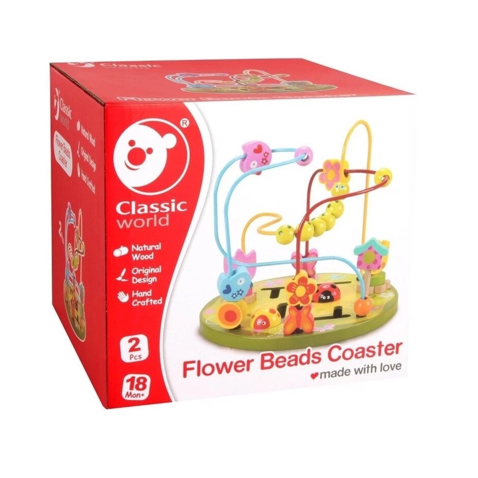 Labirint educativ din lemn Classic World cu margele si flori, + 18 luni ...