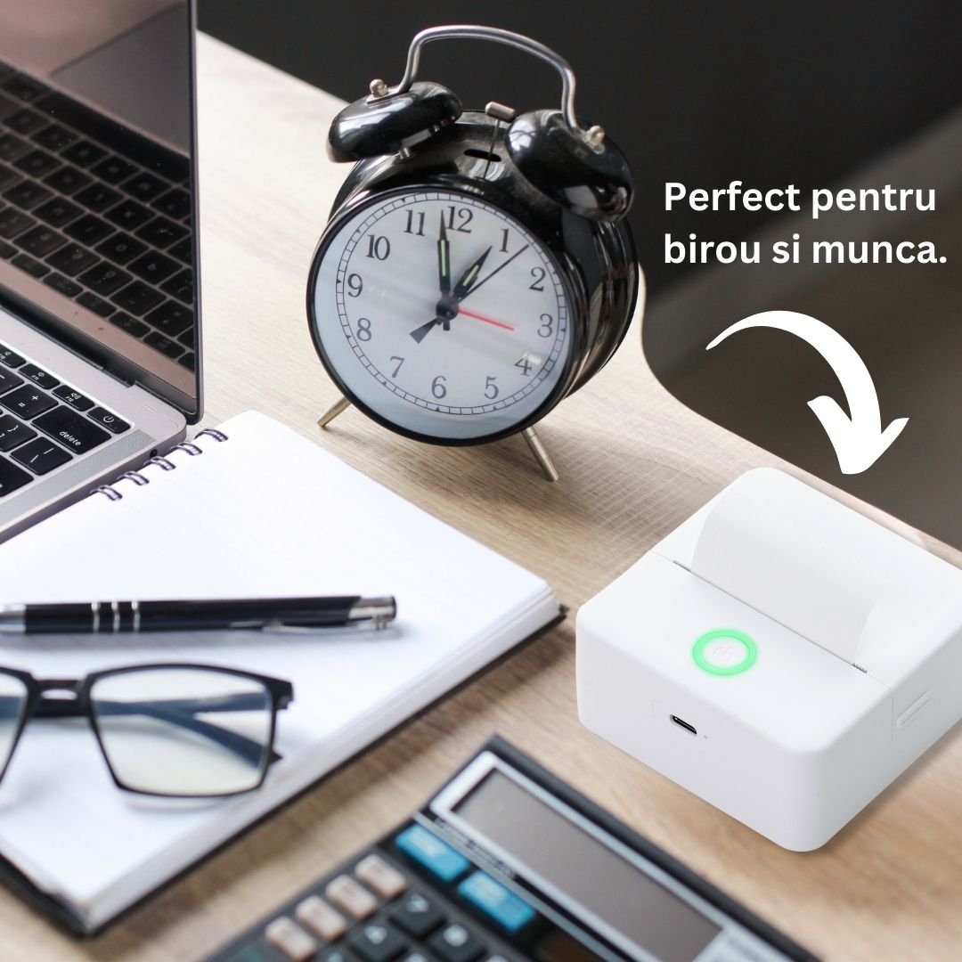 Mini imprimanta portabila, Bluetooth, aplicatie pe telefon, compatibil ...