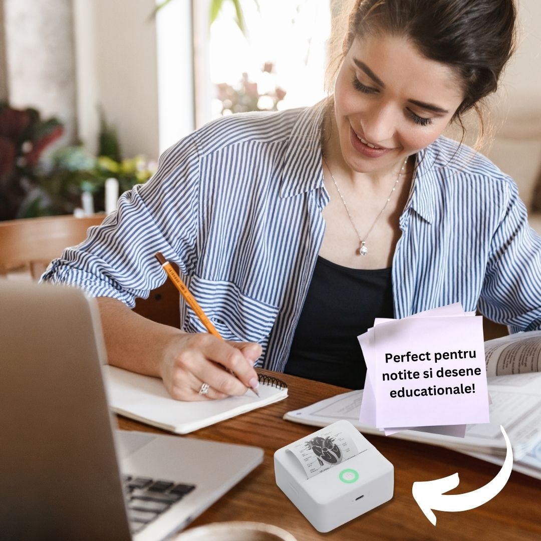 Mini imprimanta portabila, Bluetooth, aplicatie pe telefon, compatibil ...