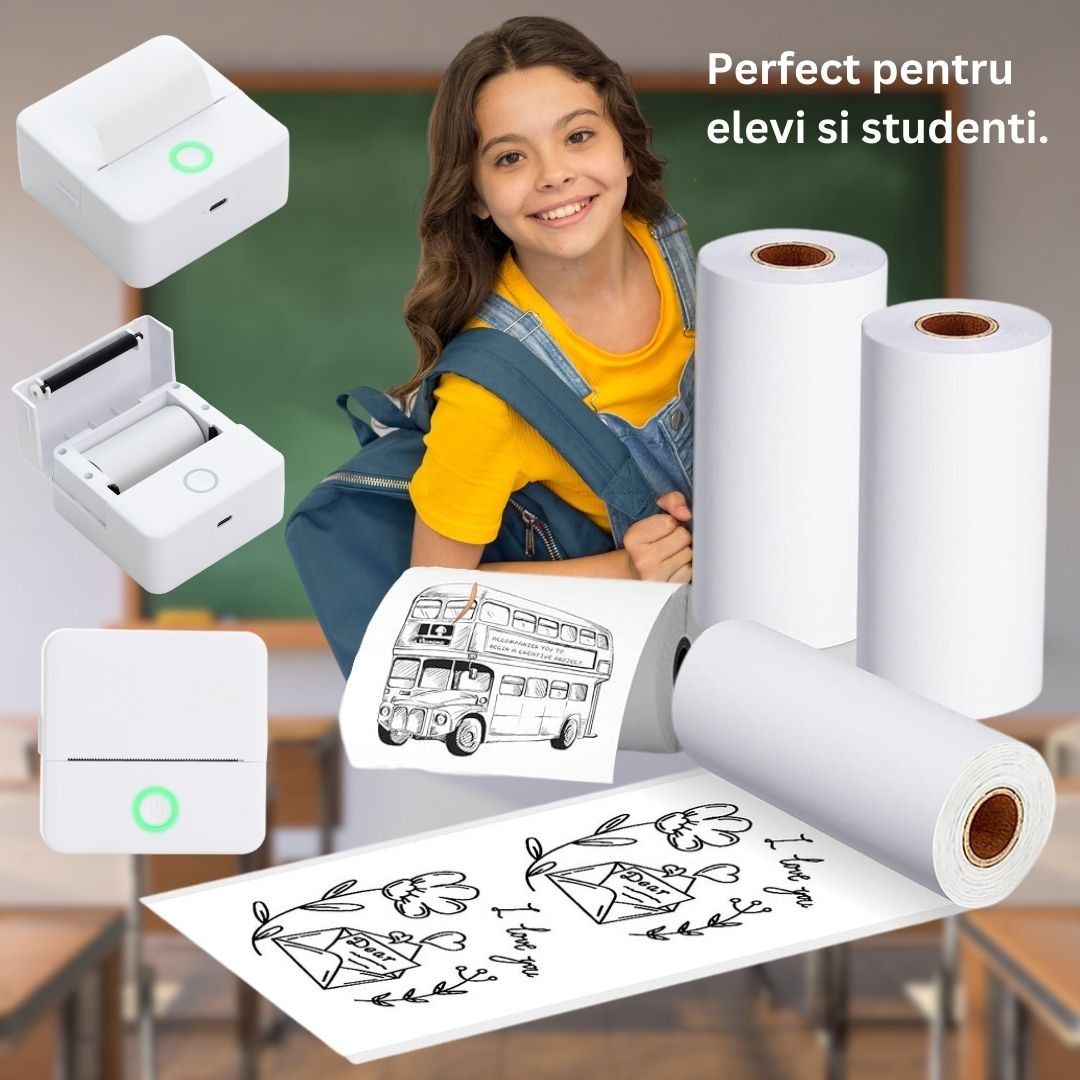 Mini imprimanta portabila, Bluetooth, aplicatie pe telefon, compatibil ...