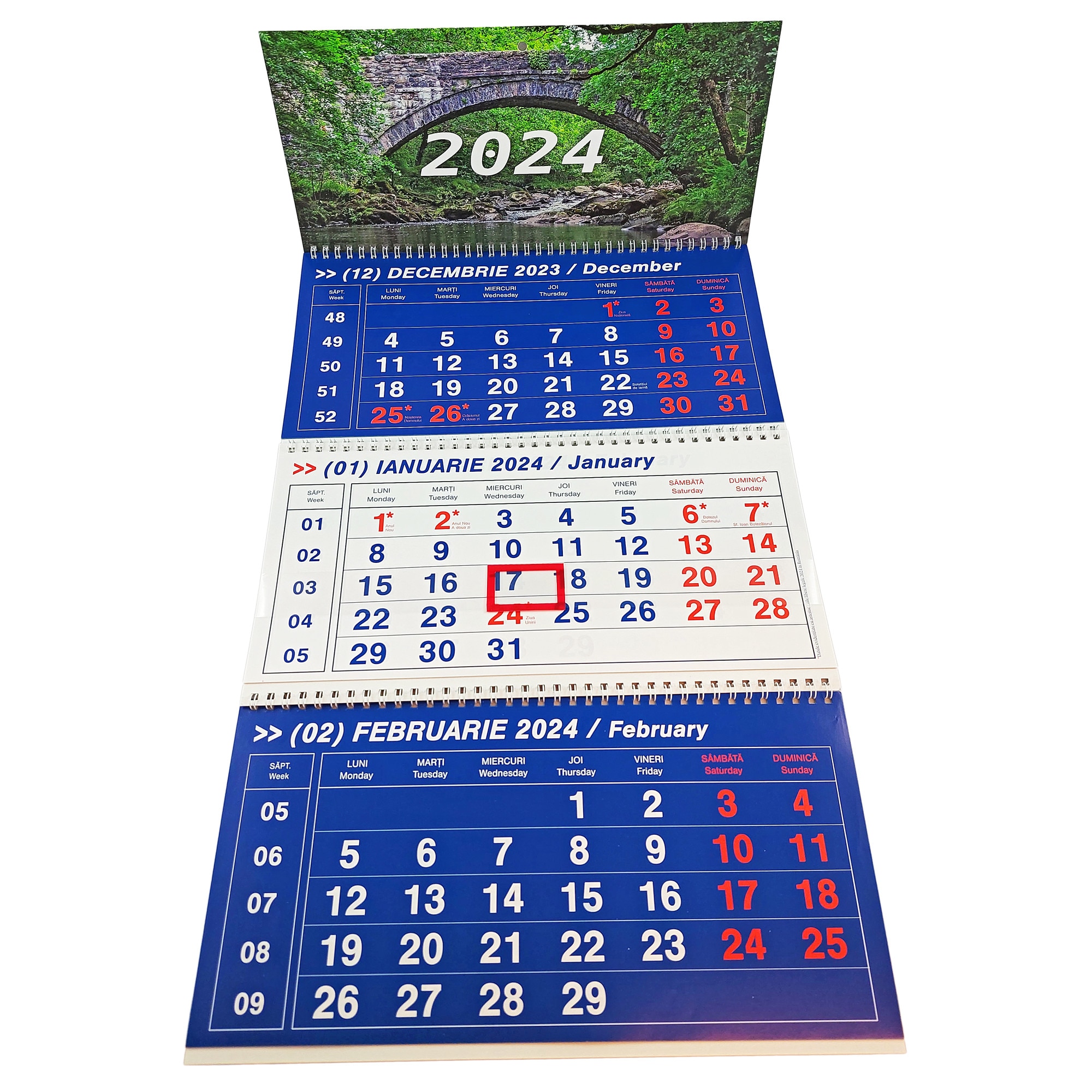 Calendar 2024 de perete, cu 3 luni pe fila, Albastru cu Rosu, triptic ...
