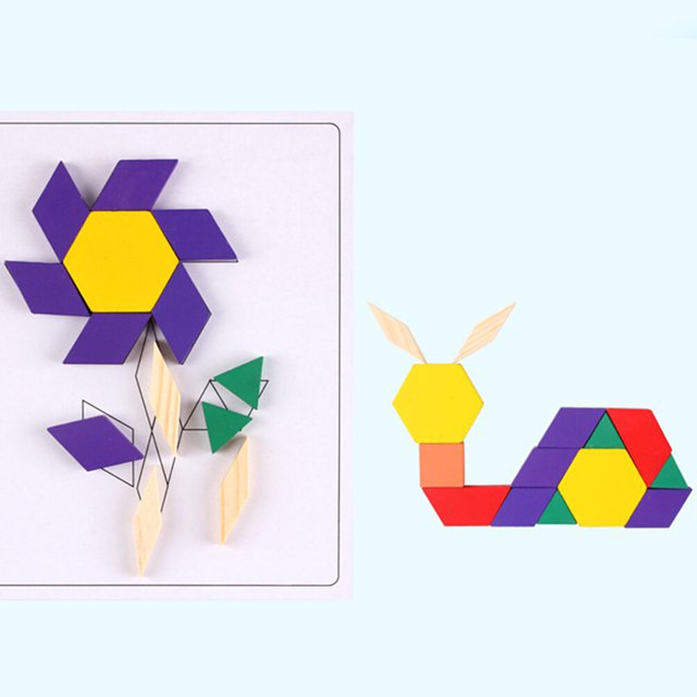 Joc educativ, Tangram cu 125 piese geometrice din lemn si fise de lucru ...