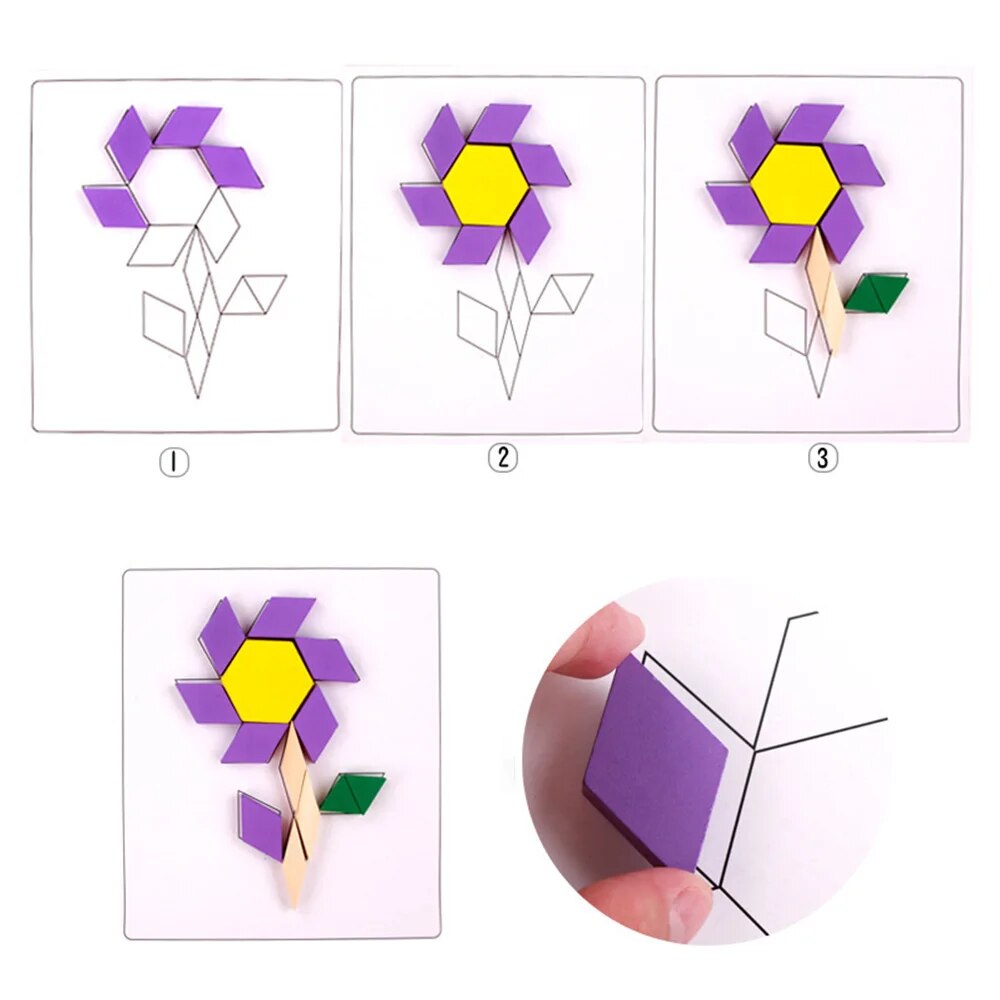 Joc educativ, Tangram cu 125 piese geometrice din lemn si fise de lucru ...