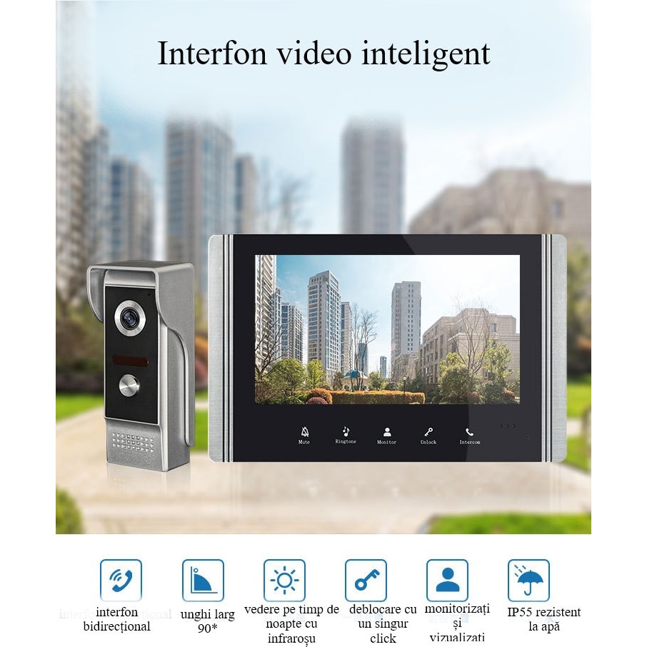 Interfon Video cu Monitor interior, sonerie video inteligenta, viziune ...
