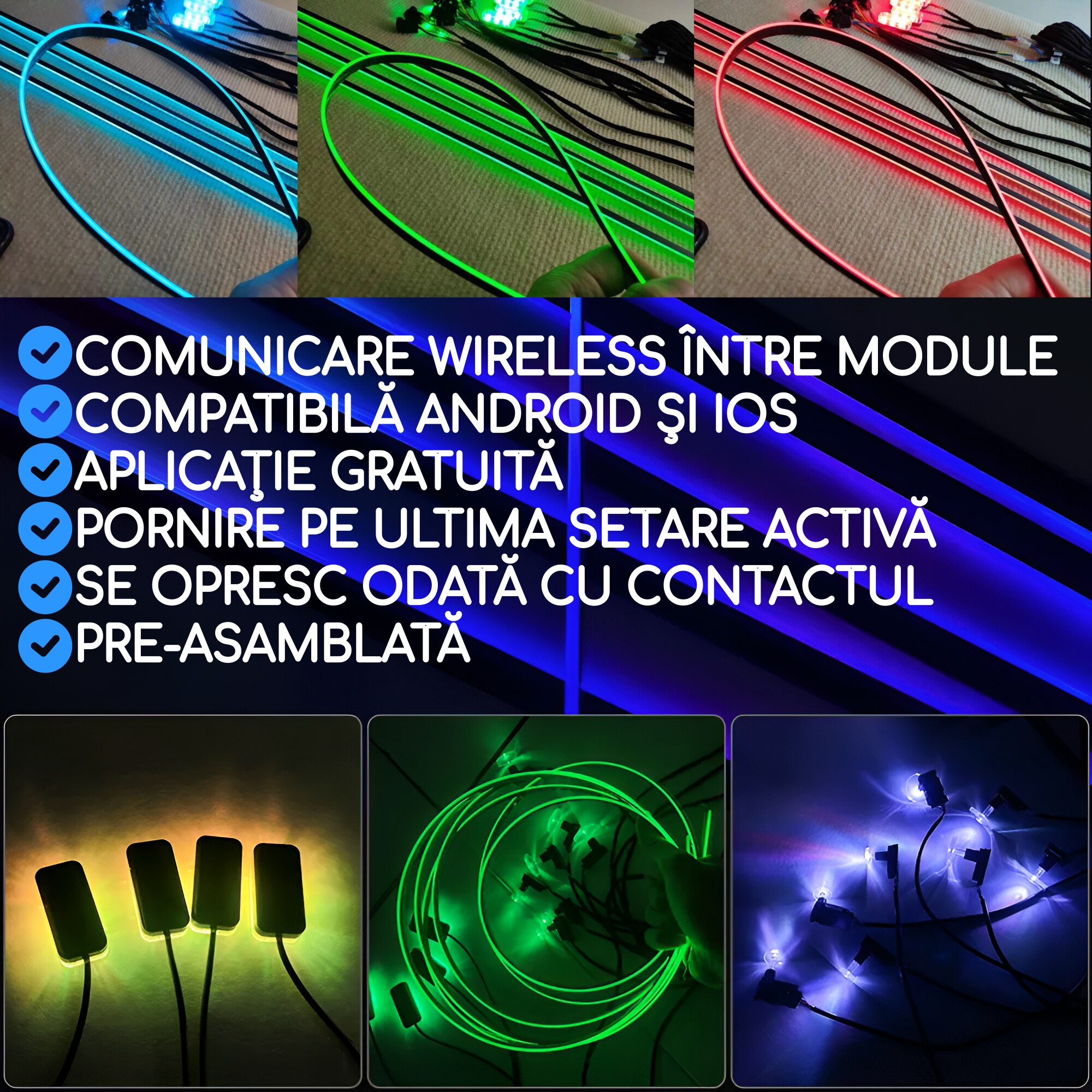 Kit iluminare ambientala auto banda acrilica LED RGB, Bluetooth ...