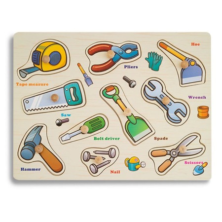 Puzzle Unelte incastru din lemn cu maner, cu denumiri in limba engleza ...