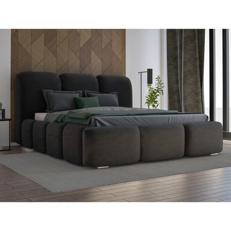 Pat dublu tapitat Merkad, Emporius, Lemn, Catifea, 200x200 cm, Negru ...