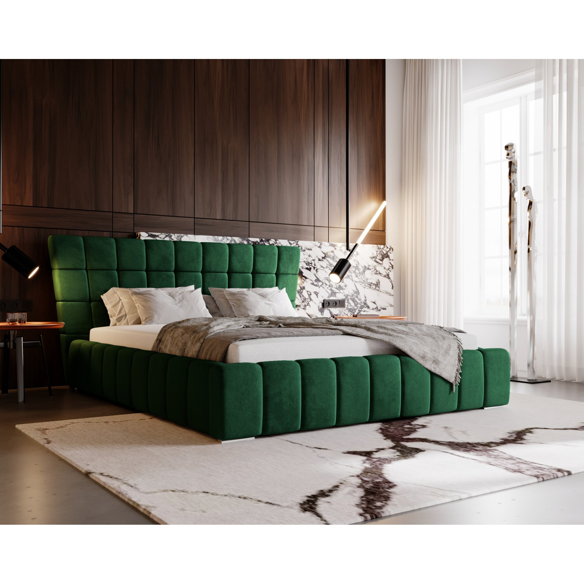 Pat tapitat, Deluxe, Emporius, Catifea/Lemn, 180 x 200 cm, Verde - eMAG.ro