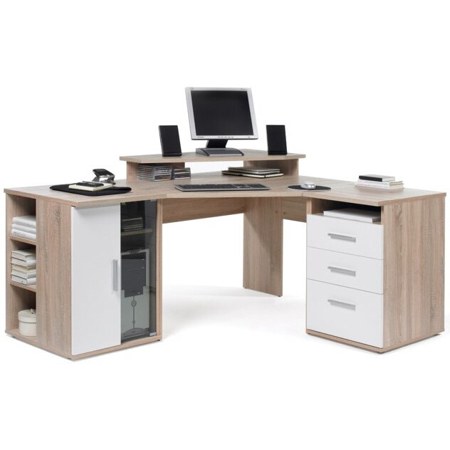 Birou de colt Effect, 173x140x88 cm, culoare Sonoma cu Alb - eMAG.ro