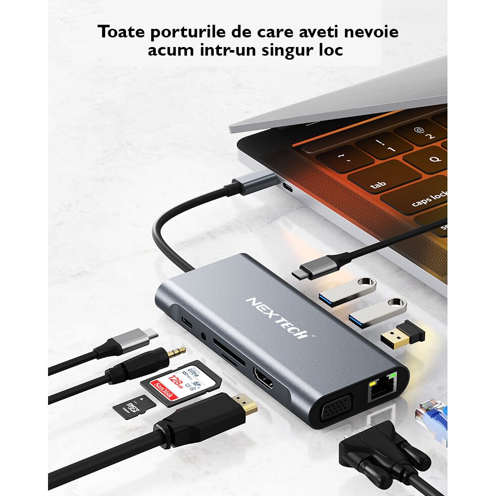 Hub USB 11 in 1 NEX TECH® USB-C 4K HDMI, 1000Mbps, USB 3.0, SD, RJ45 ...