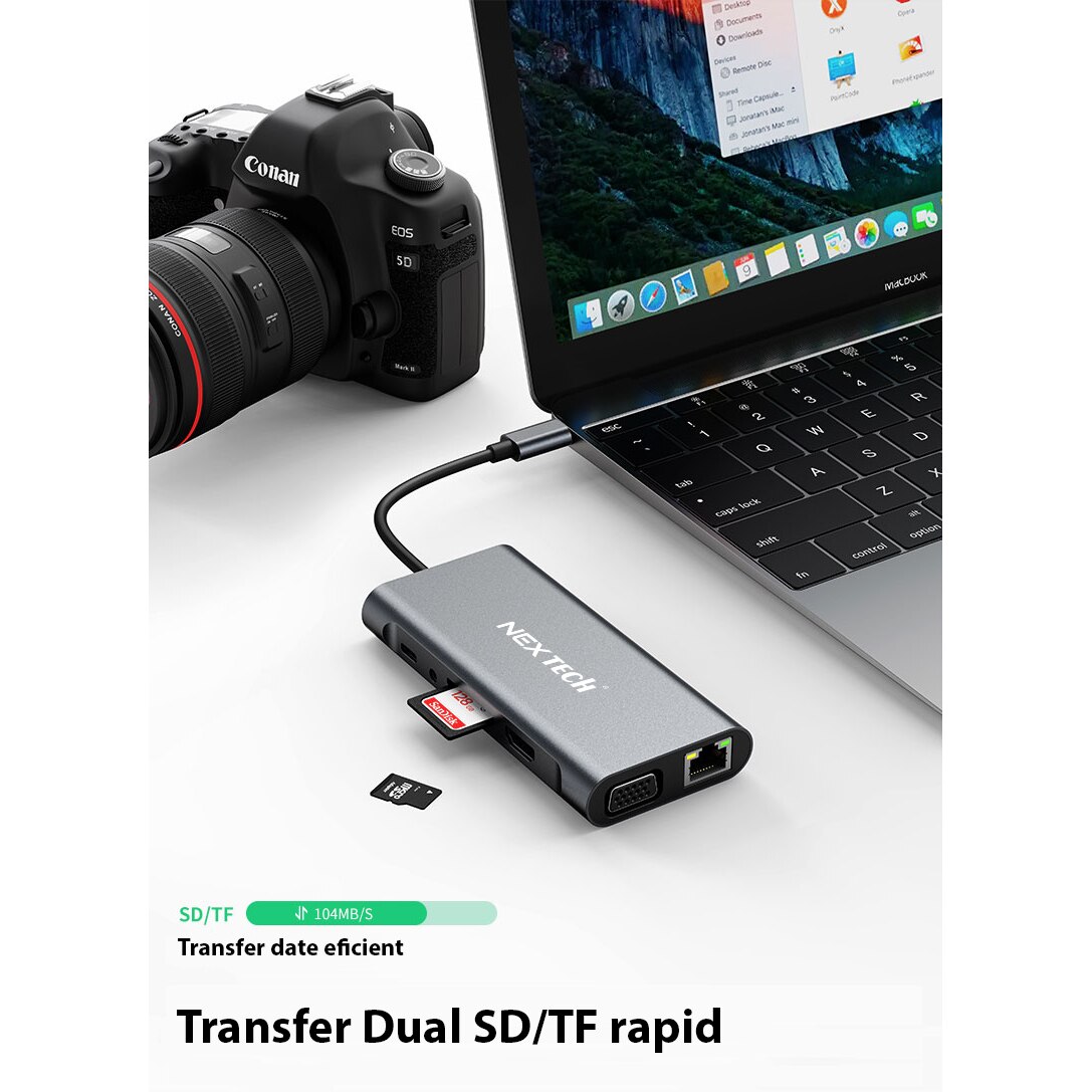 Hub USB 11 in 1 NEX TECH® USB-C 4K HDMI, 1000Mbps, USB 3.0, SD, RJ45 ...