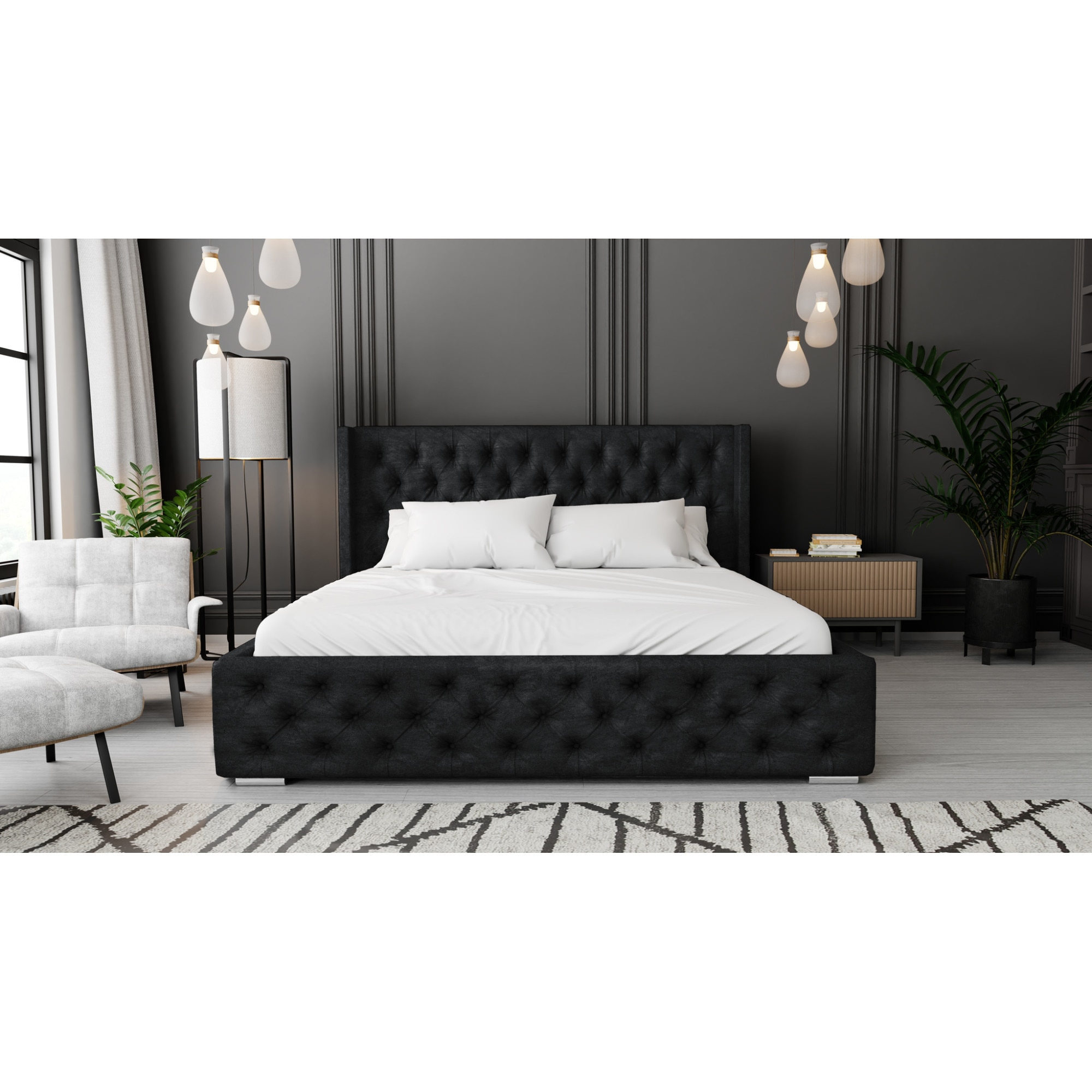 Pat tapitat, Emporius Rolia, Lemn/Catifea, 180x200 cm, Negru - eMAG.ro