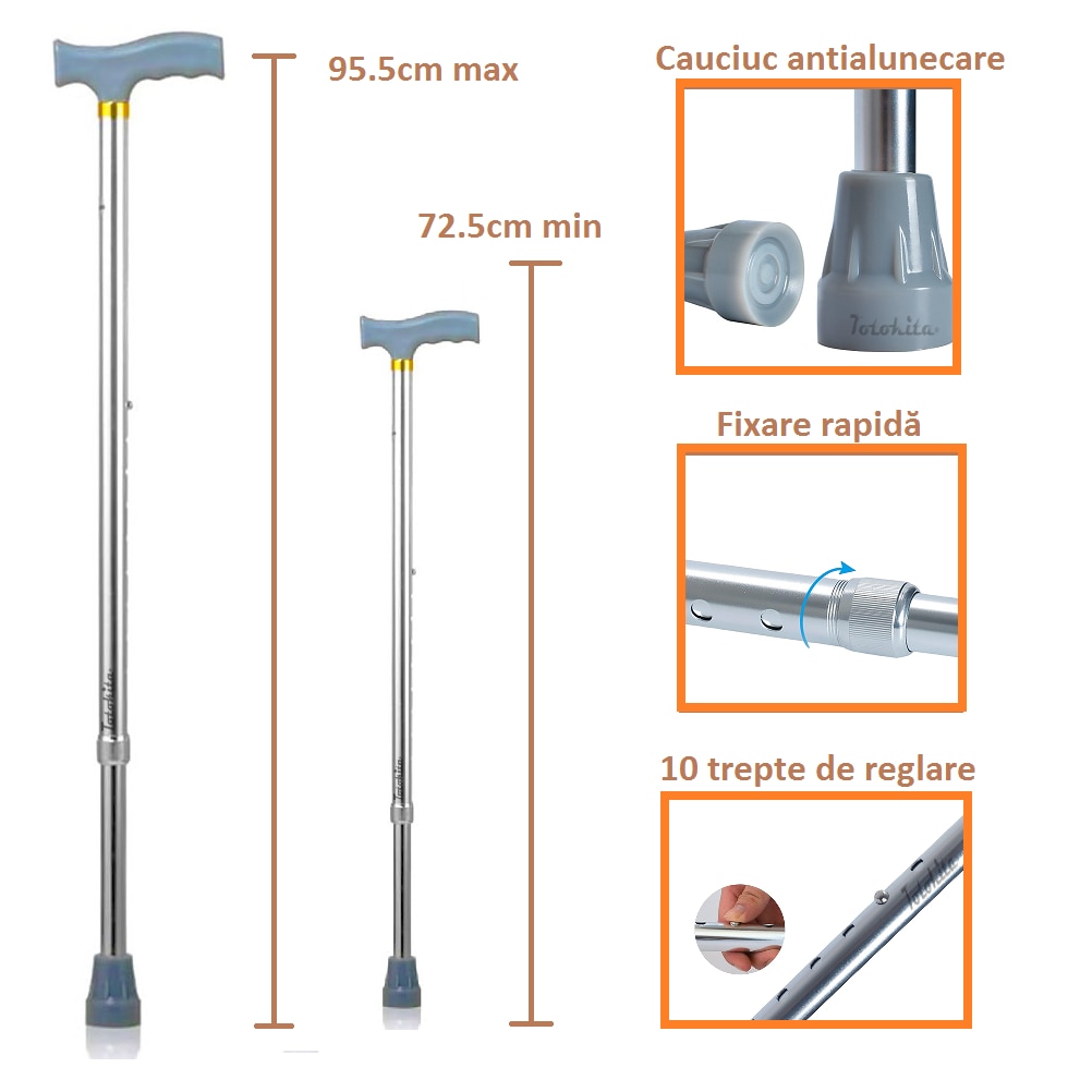Baston Batrani 10 trepte reglaj usor demontabil antialunecare Argintiu ...