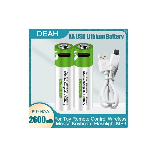 Set 2 baterii AA 1.5V, reincarcabile USB cu cablu tip C, Li-Ion 2600mWh ...