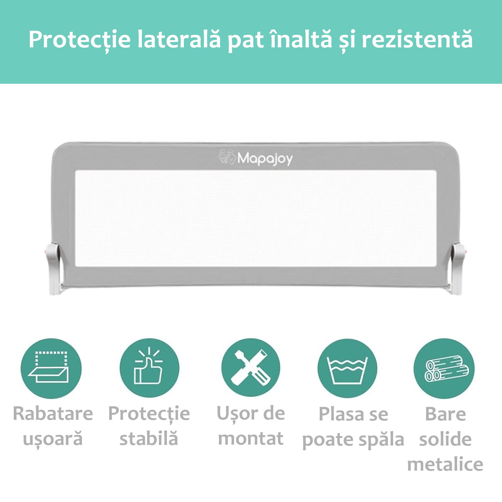 Protectie pat copii 180 cm Mapajoy, Rabatabila, Inaltime 66 cm, Gri ...