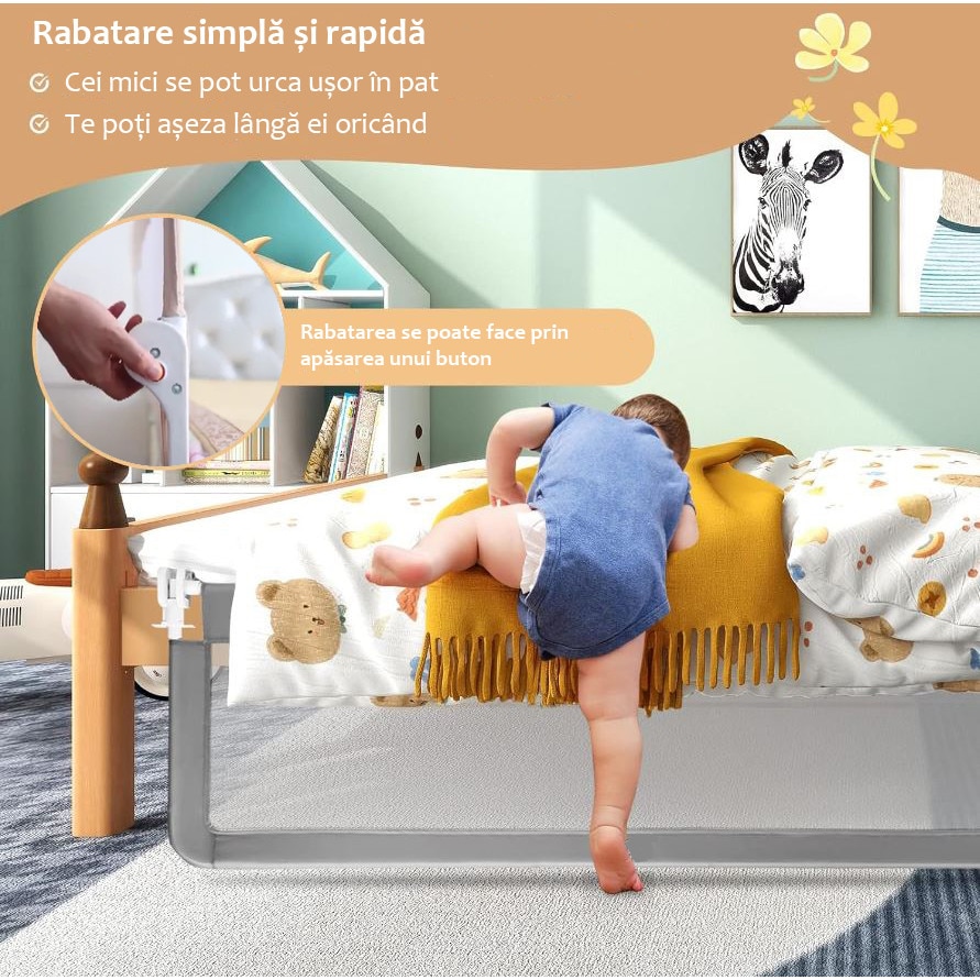 Protectie pat copii 180 cm Mapajoy, Rabatabila, Inaltime 66 cm, Gri ...