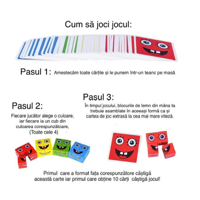 Set 16 Cuburi de Constructie din Lemn, 4 Jucatori, 64 Posibilitati cu ...