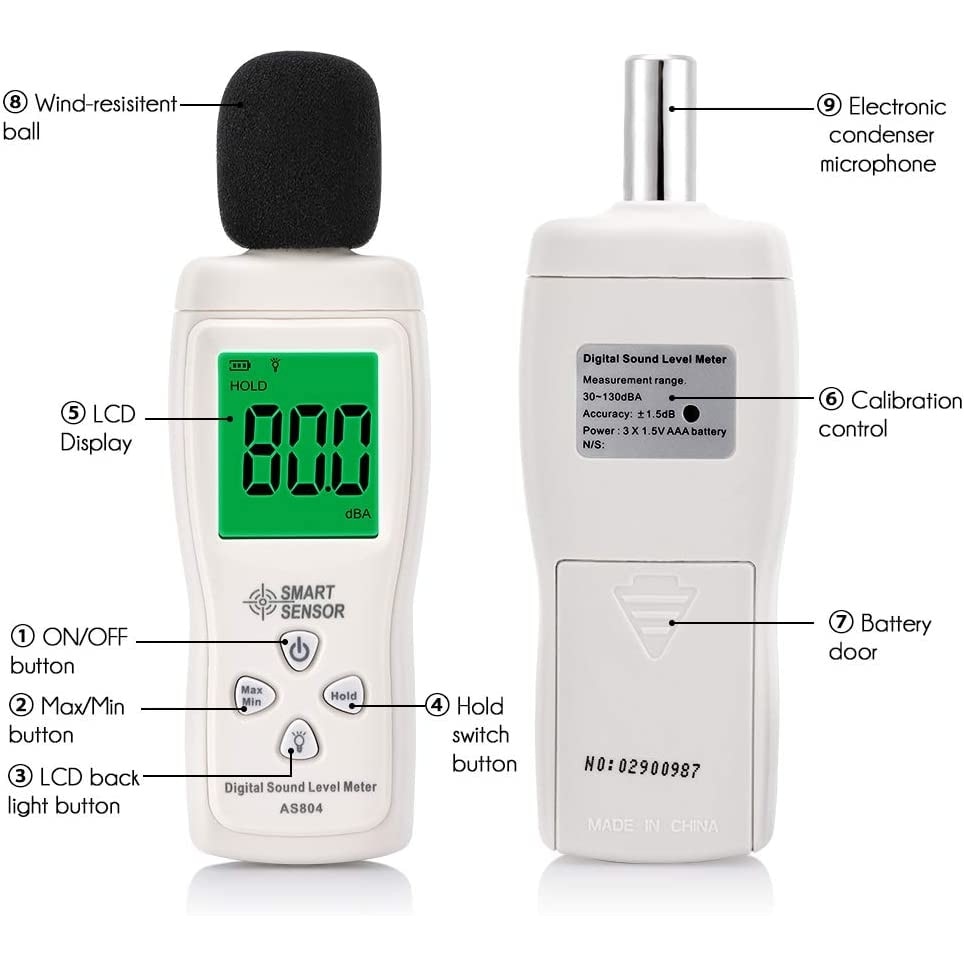 Sonometru digital, contor profesional de decibeli 30-130dBA, date minime/maximum, baterie ...