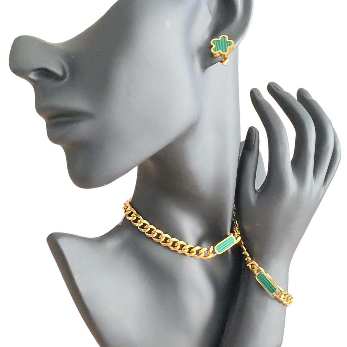 Set Cuban colier, bratara si cercei cu surub, placat cu aur 18K, dama ...