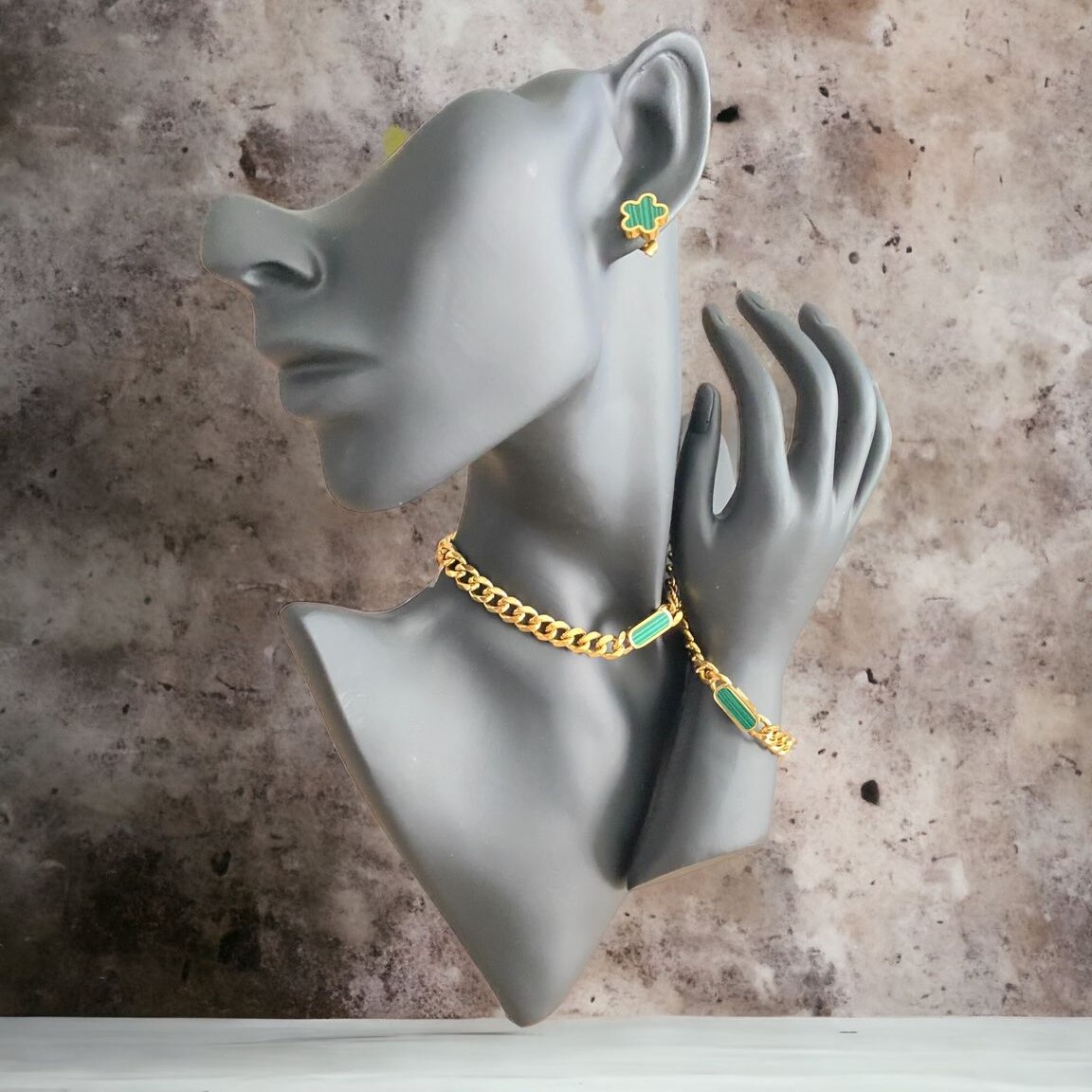 Set Cuban colier, bratara si cercei cu surub, placat cu aur 18K, dama ...