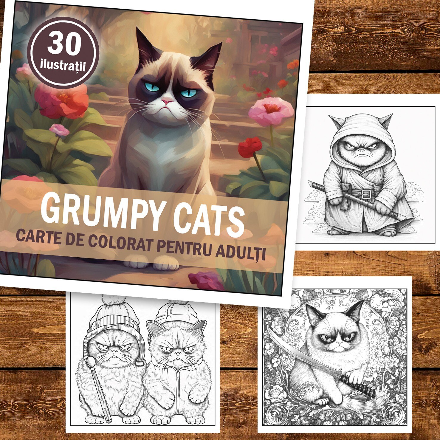Carte de colorat, 30 de ilustratii, Grumpy Cats, 66 pagini - eMAG.ro