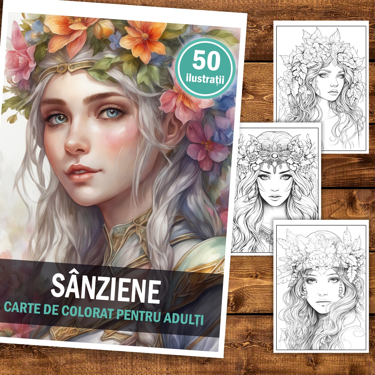 Carte de colorat, 50 de ilustratii, Sanziene, 106 pagini - eMAG.ro