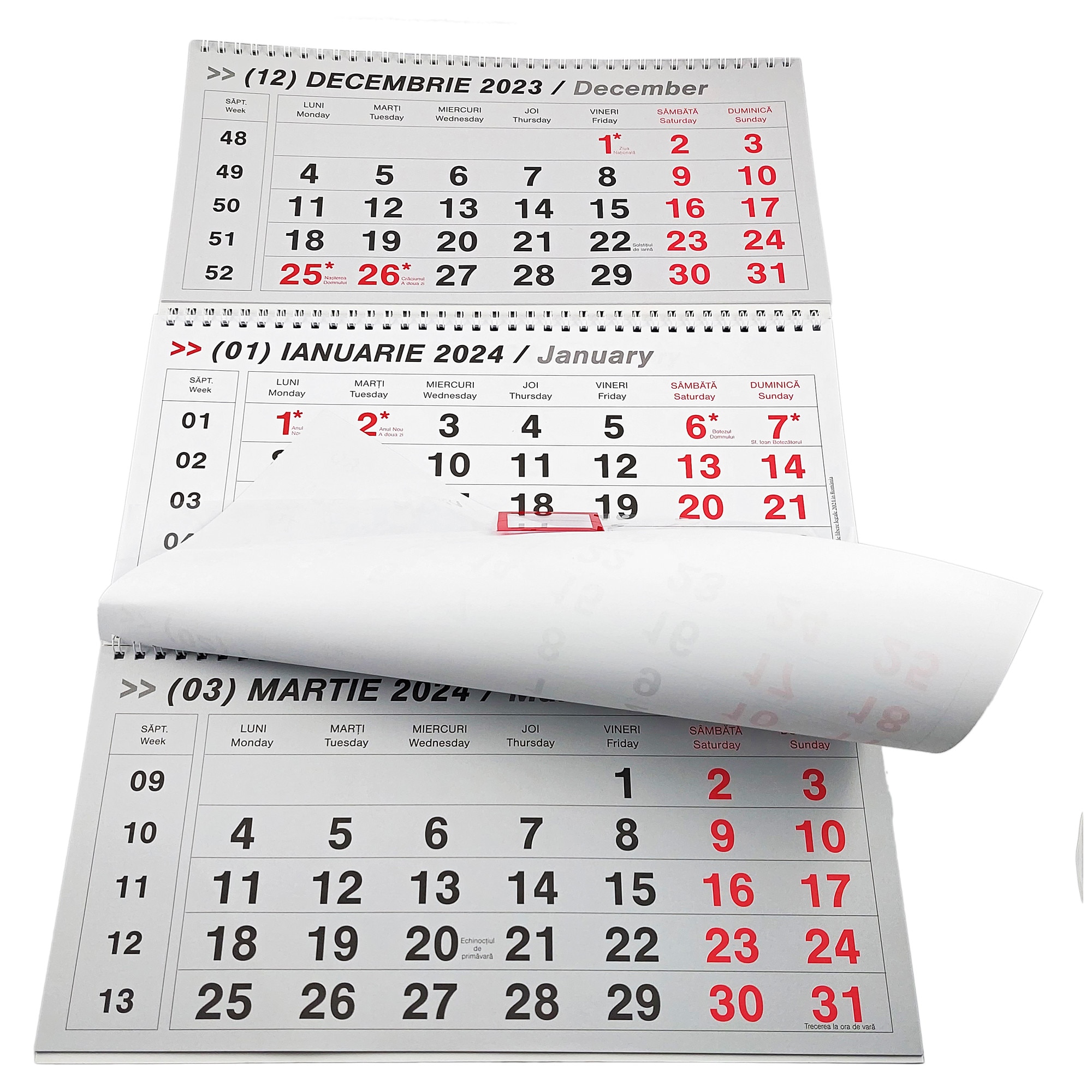 Calendar 2024 de perete, cu 3 luni pe fila, Gri cu Rosu, triptic ...