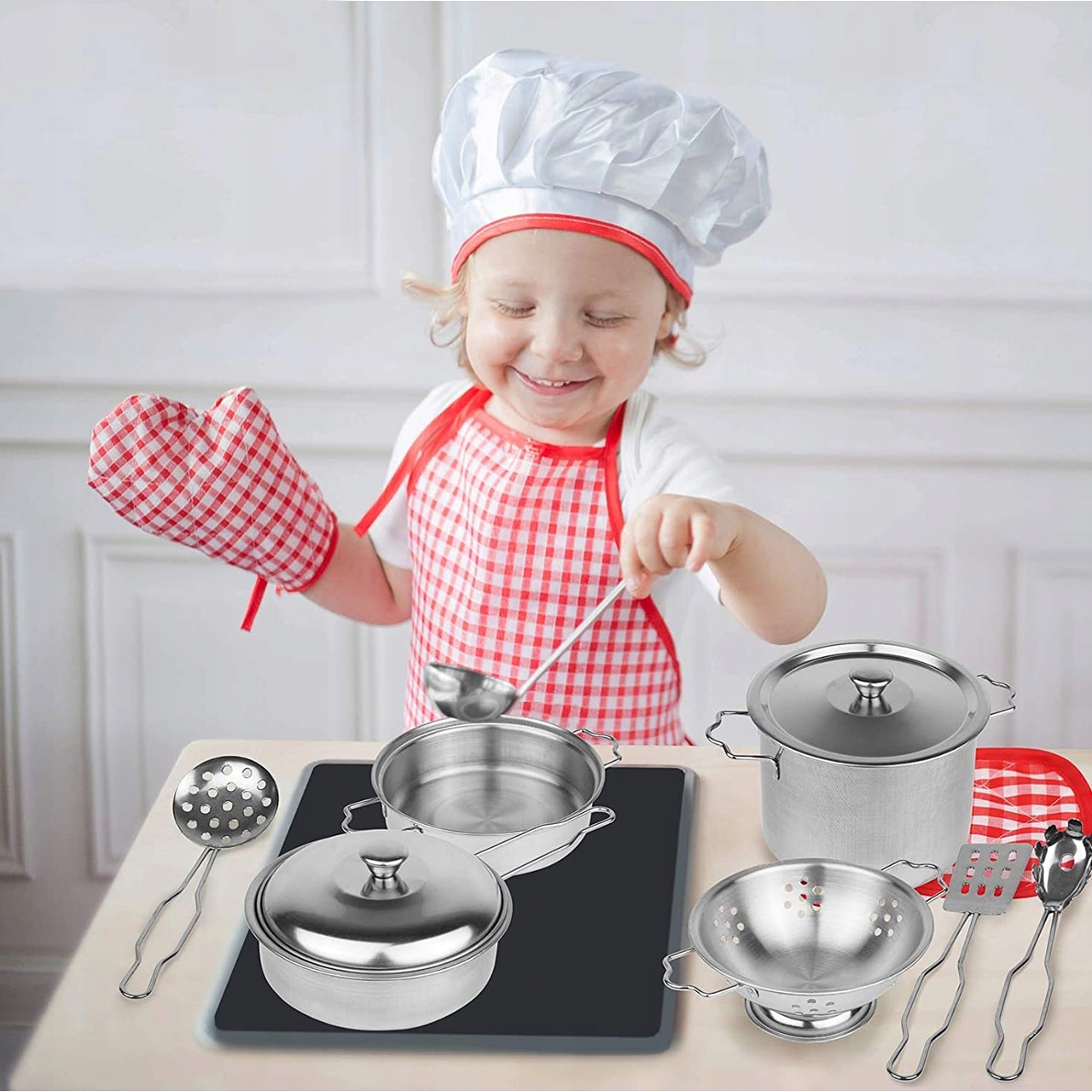 Set accesorii de bucatarie pentru copii, Zola®, sort, boneta, oale si ...