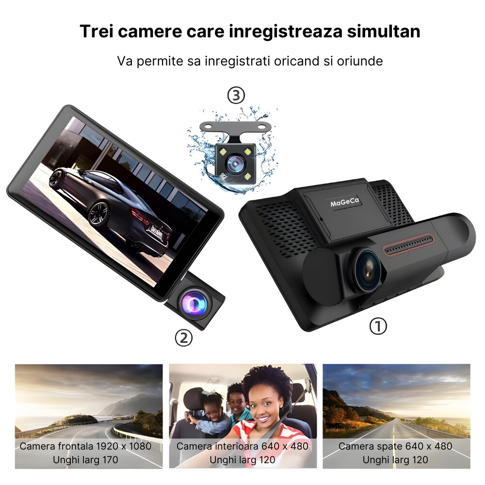 Camera auto de bord tripla MaGeCa®, Full HD 1080P, 3 camere, fata ...