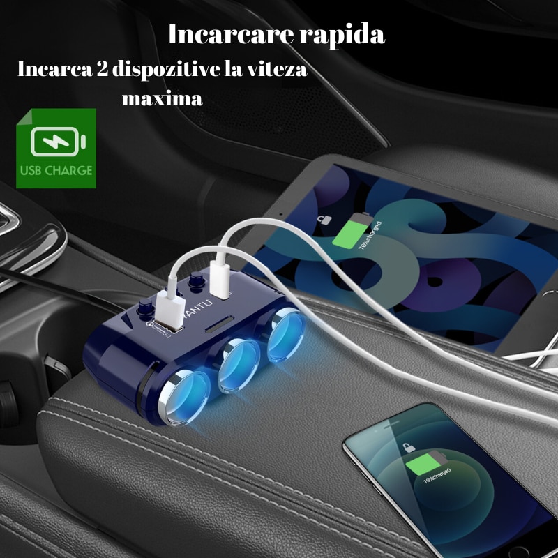 Adaptor bricheta auto avansat cu 3 interfete tip bricheta, 2 porturi ...