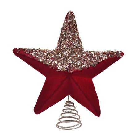 Varf pentru brad Craciun in forma de stea, rosie cu aspect nins, din ...