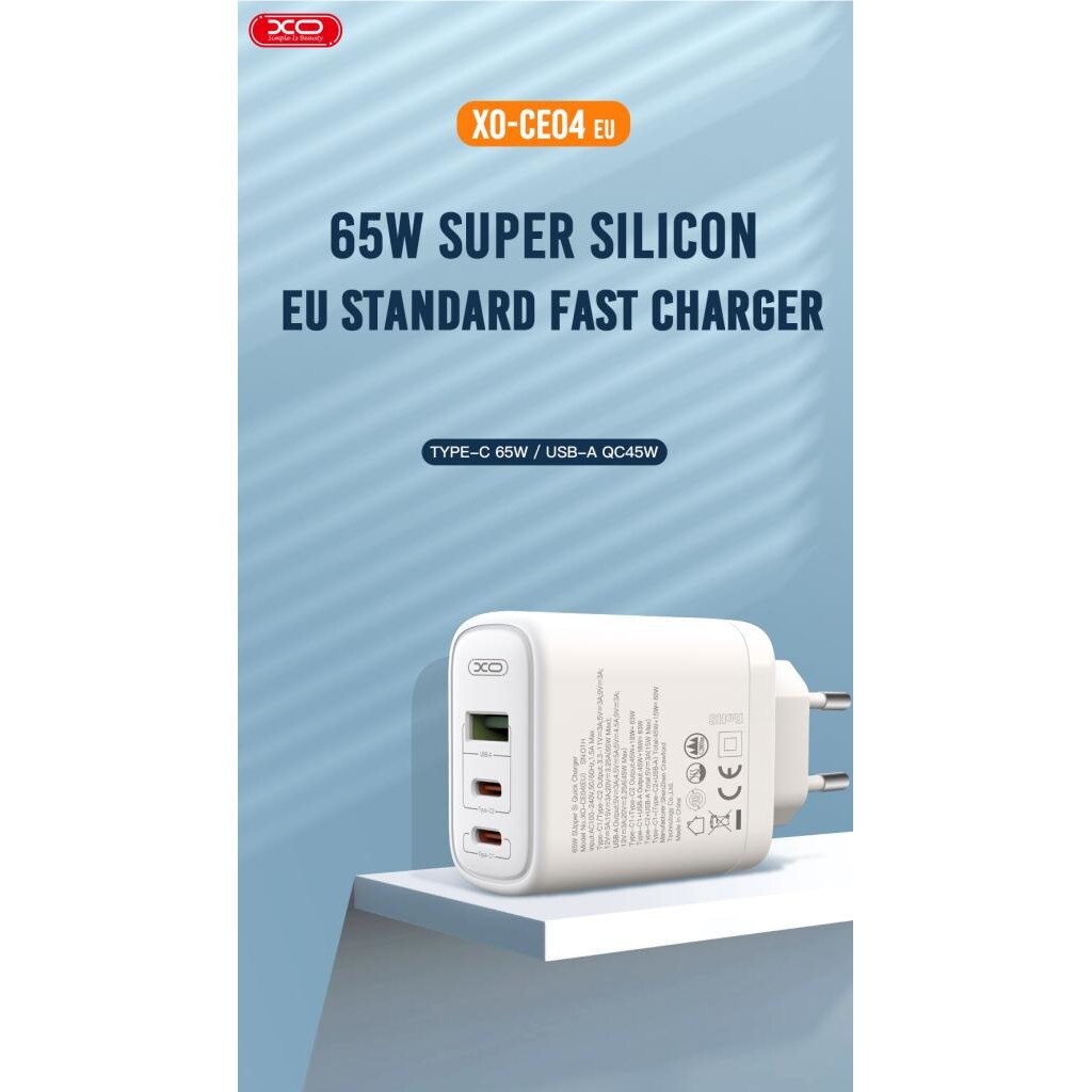Incarcator 220V XO 65W, 2xUSB-C, USB-A, 5A, CE04, alb - eMAG.ro