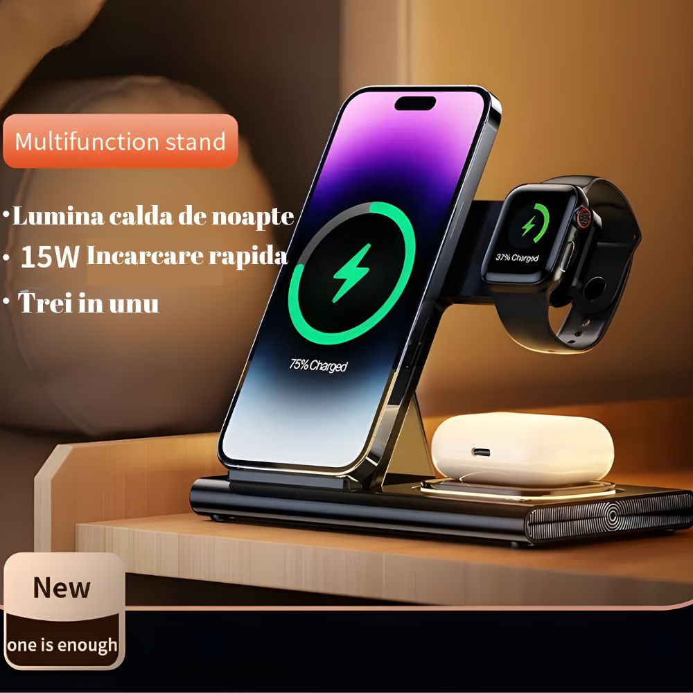 Incarcator universal, 4 in 1, Wireless, Magnetic, Cu lumina de noapte ...
