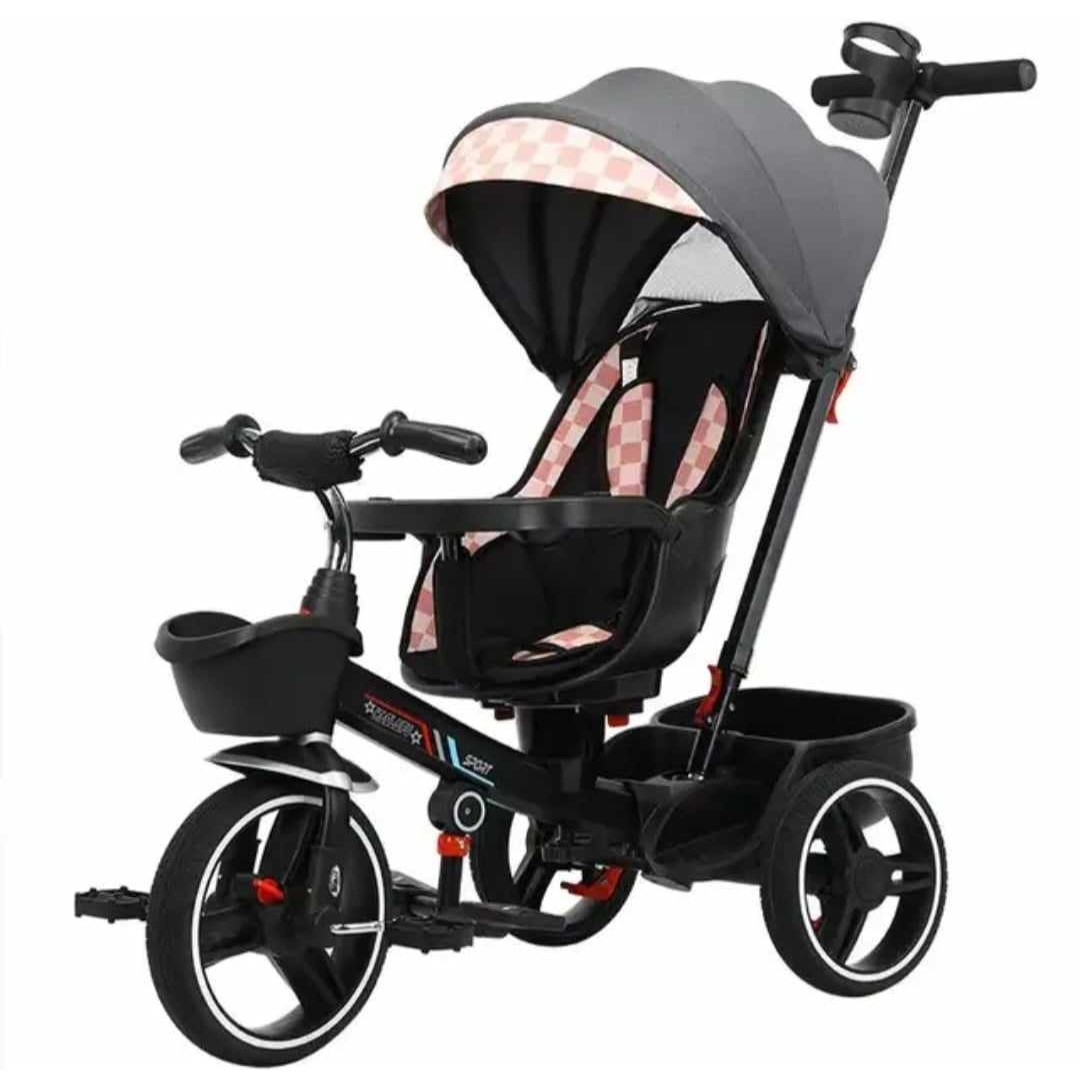 Tricicleta pentru copii, maner de impingere, negru cu roz, sezut ...