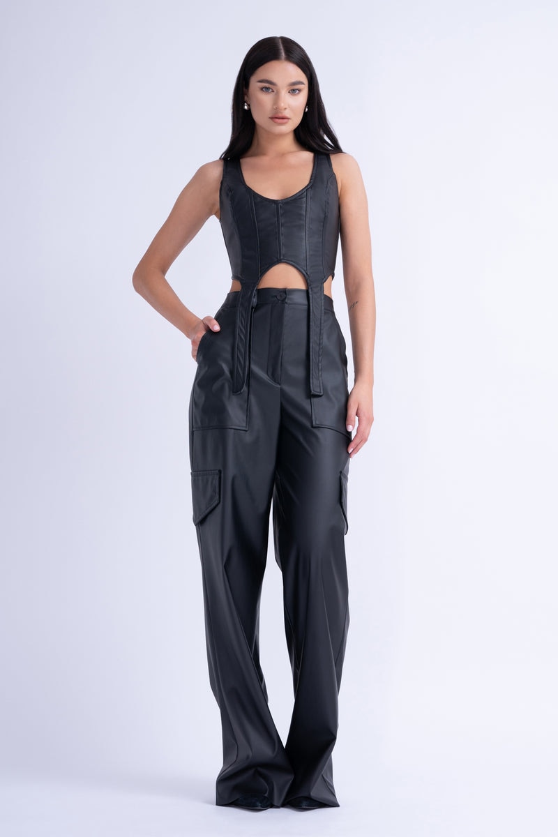 Corset din piele cu bretele, Bluzat, Negru, Masura M - eMAG.ro