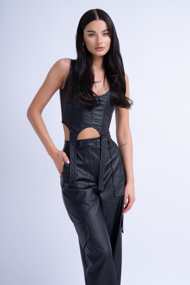 Corset din piele cu bretele, Bluzat, Negru, Masura M - eMAG.ro