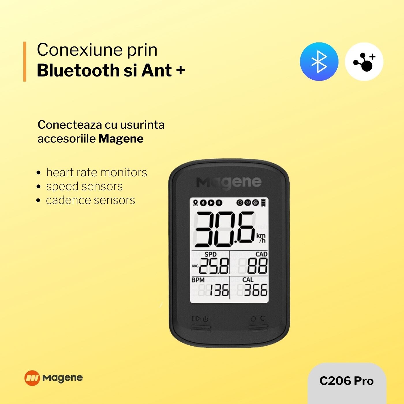 Ciclocomputer cu GPS pentru biciclete Magene C206 Pro, Bluetooth, Ant+, compatibil Strava ...